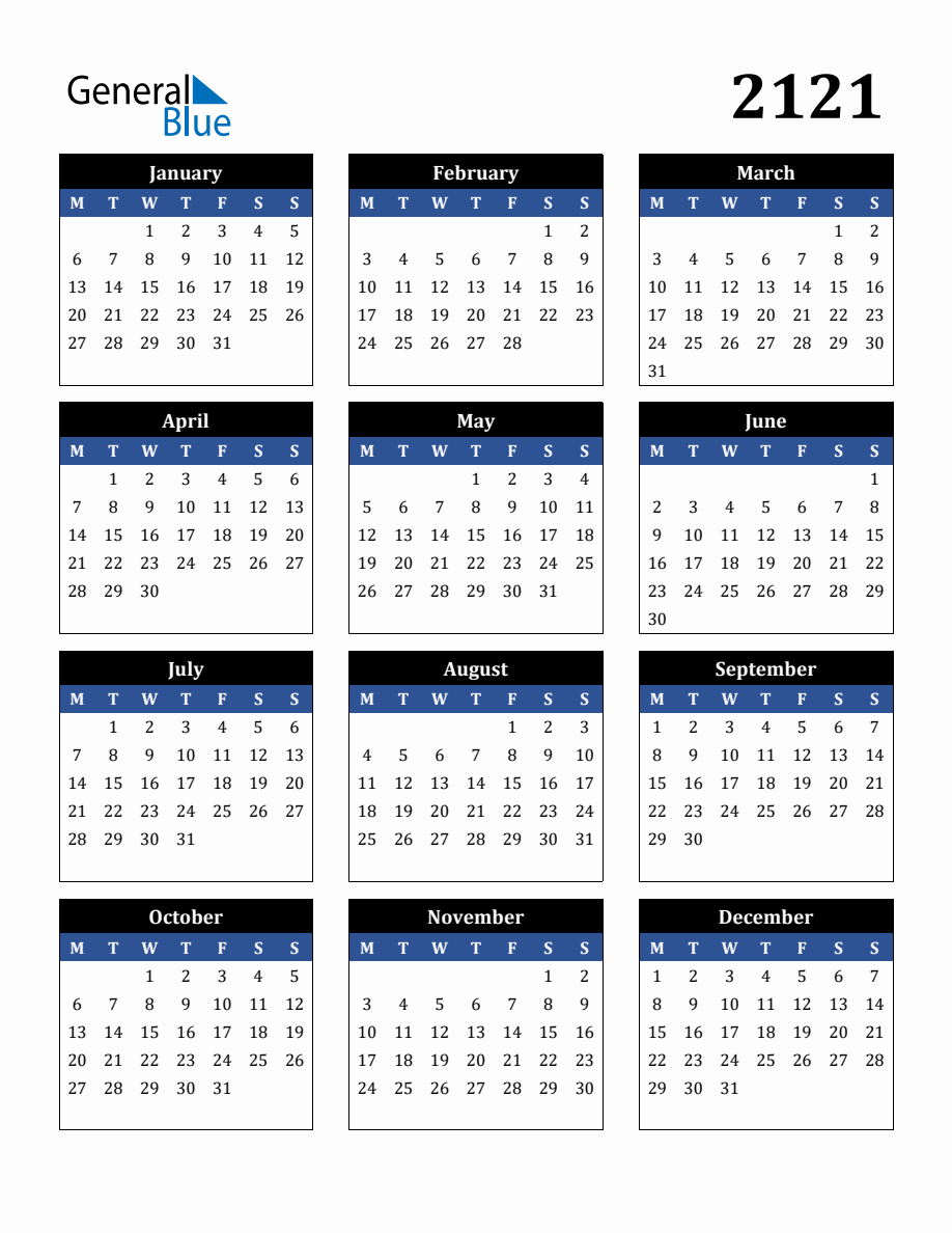 Editable 2121 Calendar with Monday Start