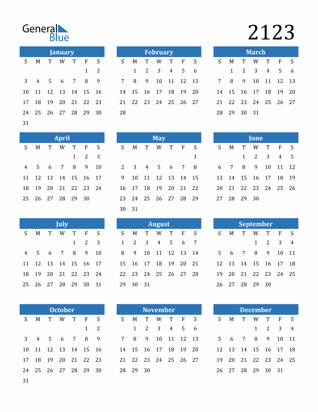 Free 2123 Calendars in PDF, Word, Excel