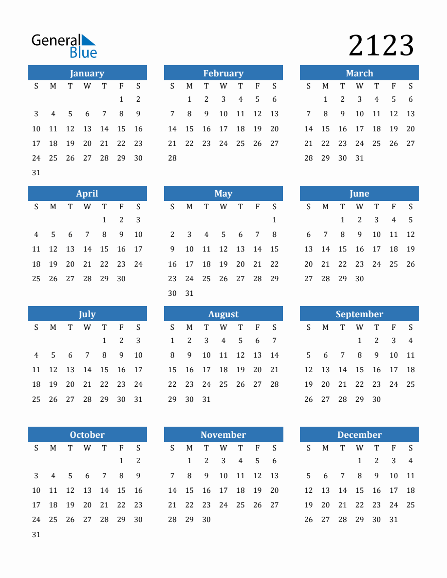 2123 Yearly Calendar