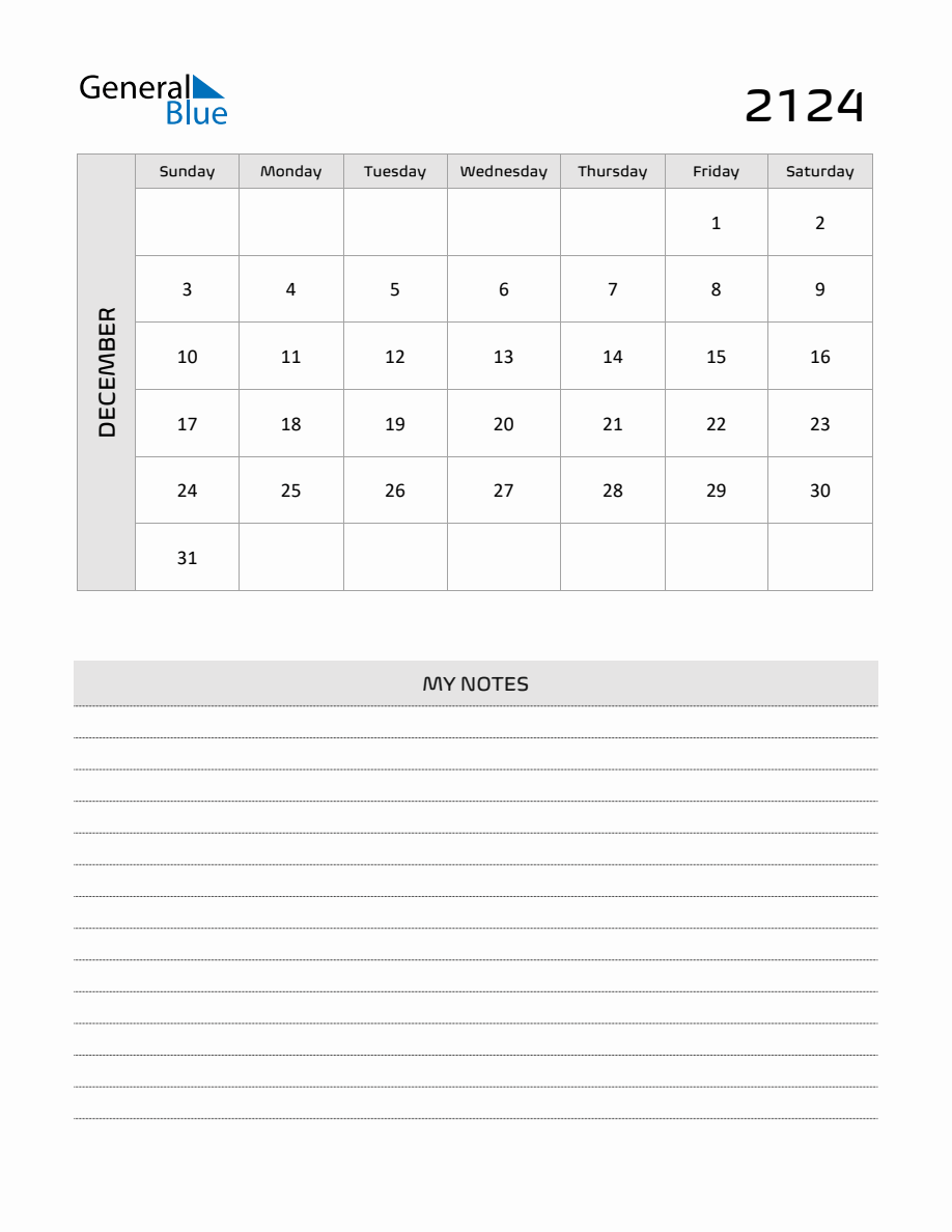 December 2124 Printable Monthly Calendar with Notes