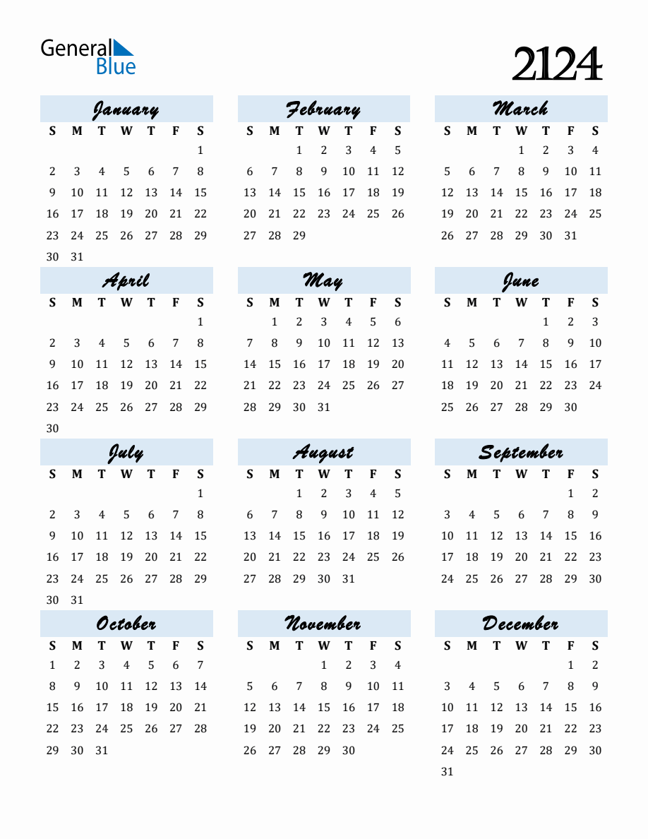 Free Downloadable Calendar for Year 2124