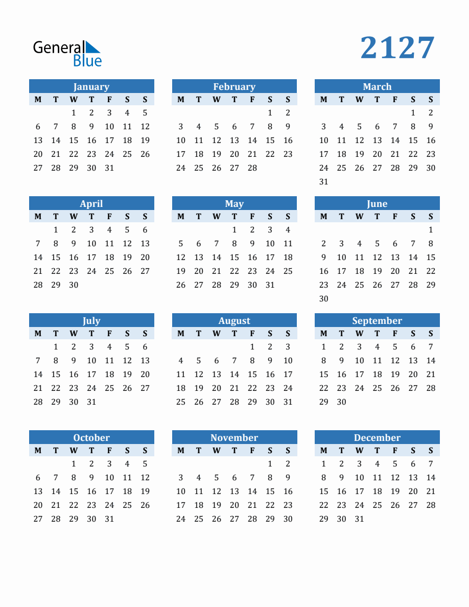 Free 2127 Year Calendar in PDF, Word, and Excel with Monday Start