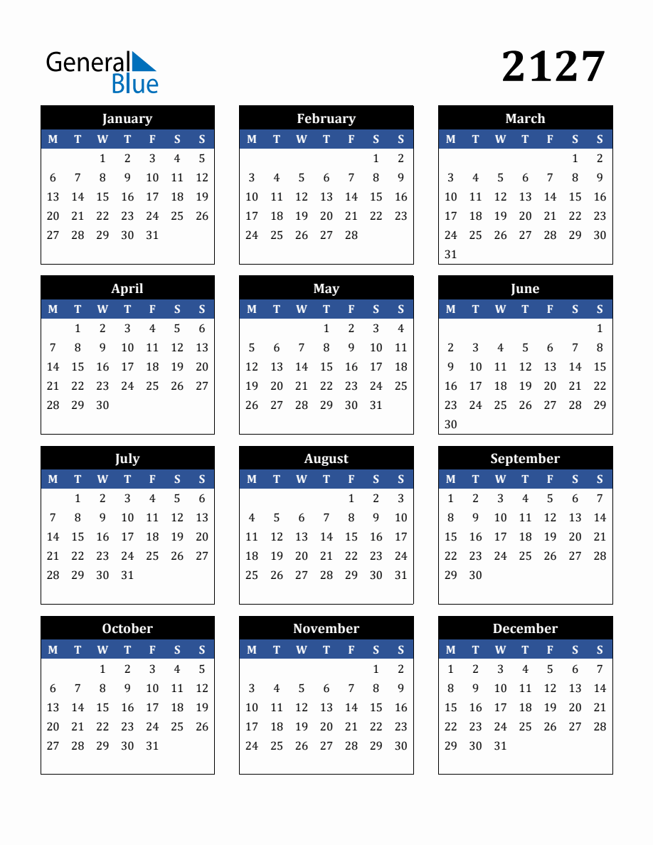 Editable 2127 Calendar with Monday Start