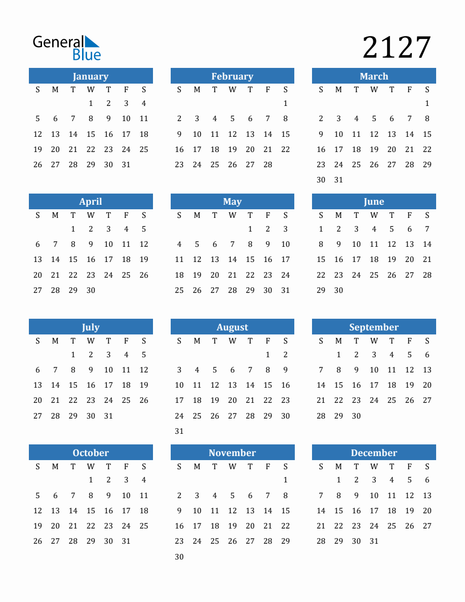 2127 Yearly Calendar