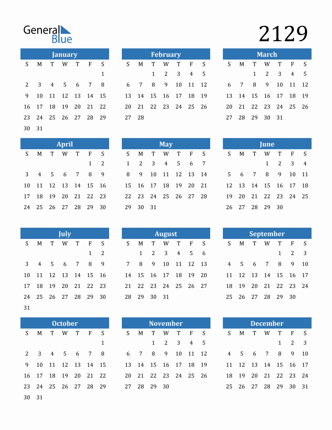 Free 2129 Calendars in PDF, Word, Excel