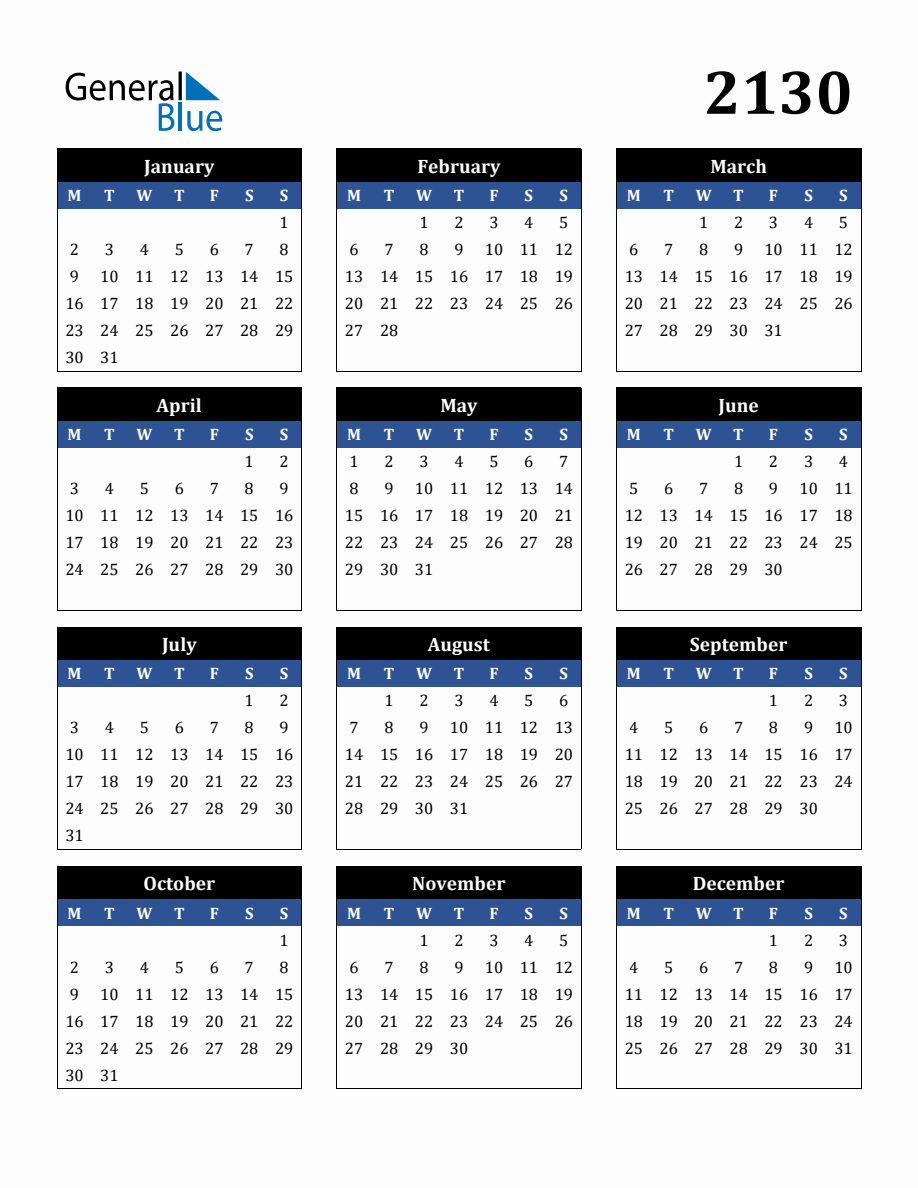 Editable 2130 Calendar with Monday Start