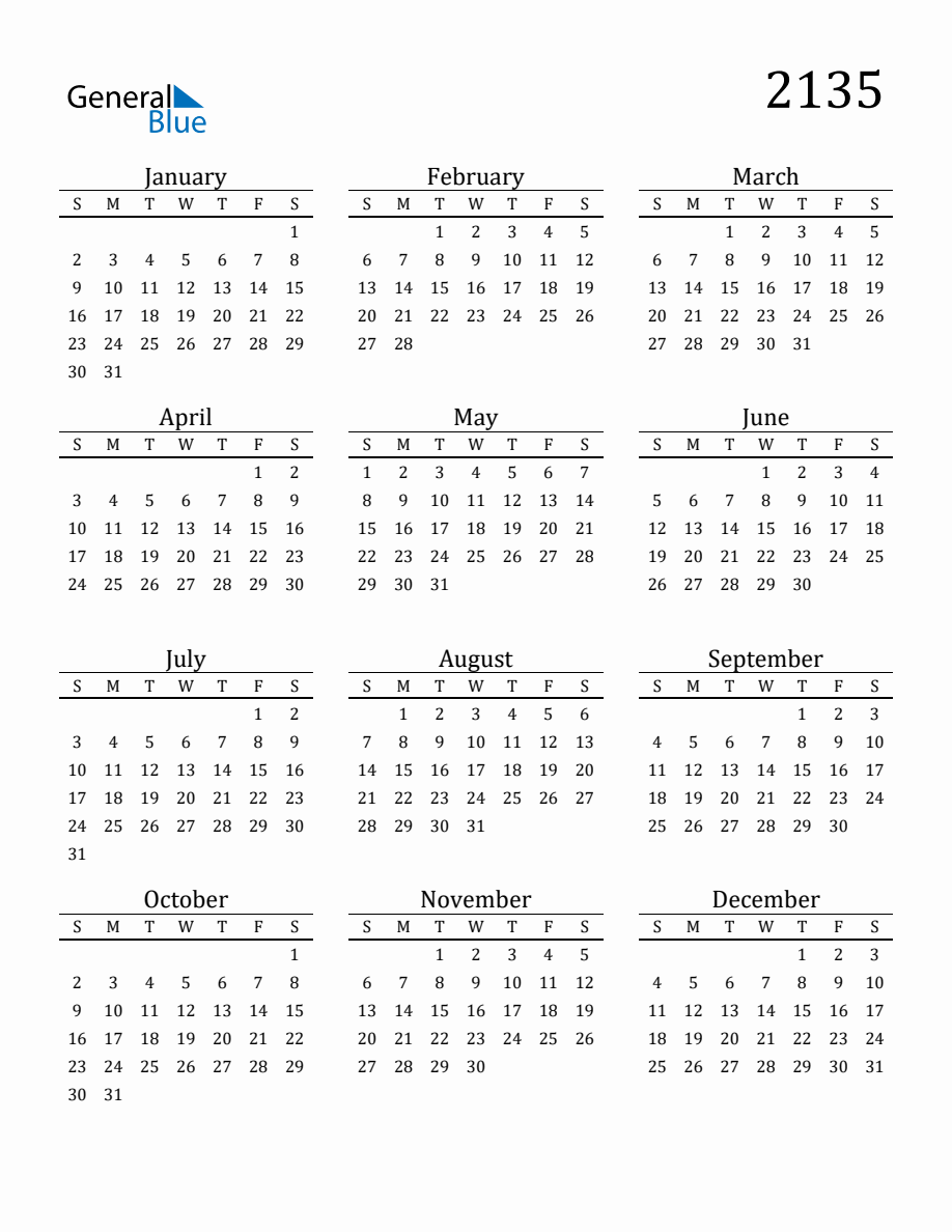 Year 2135 Free Printable 12-Month Calendar