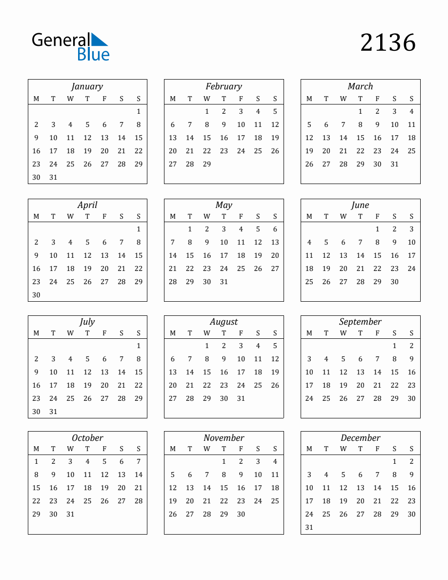2136 Blank Yearly Calendar Printable with Monday Start