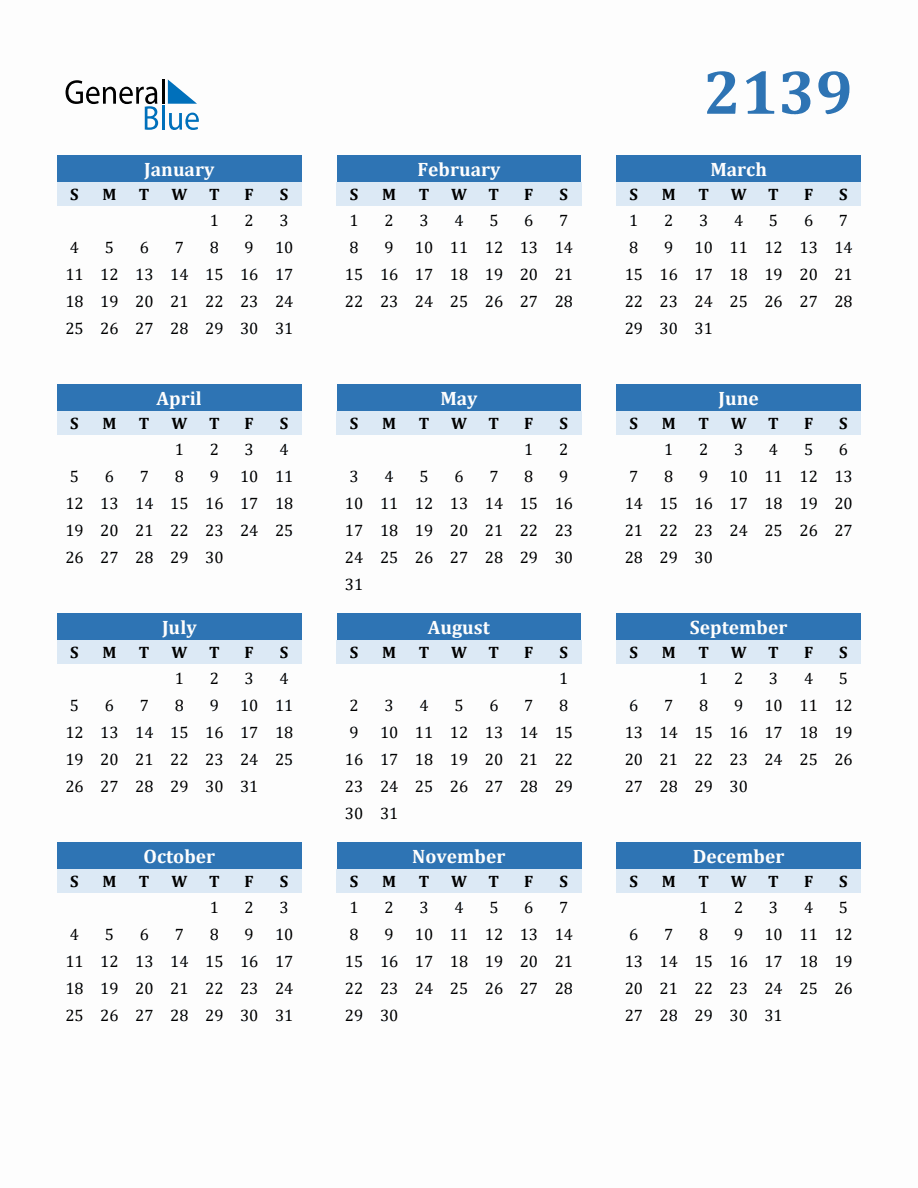 Free 2139 Year Calendar in PDF, Word, and Excel