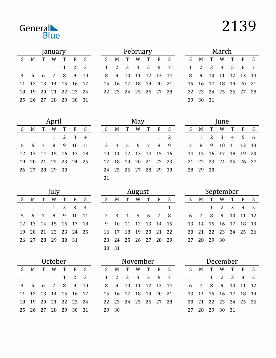 Year 2139 Free Printable 12-Month Calendar