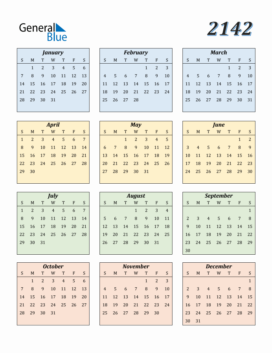 Calendar for Year 2142