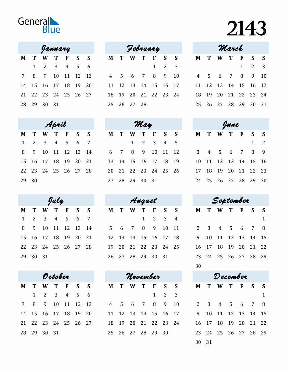 Free Downloadable Calendar for Year 2143 with Monday Start