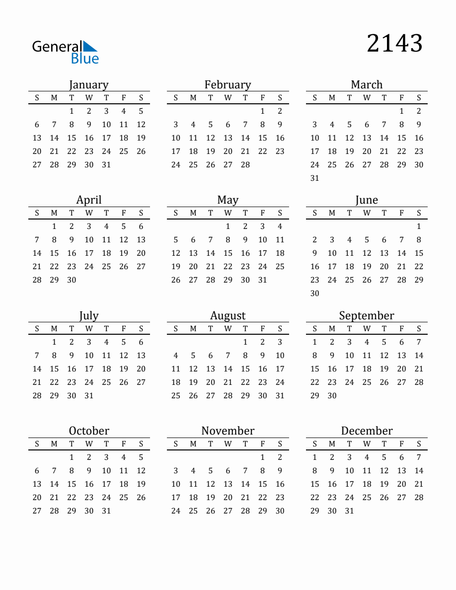 Year 2143 Free Printable 12-Month Calendar