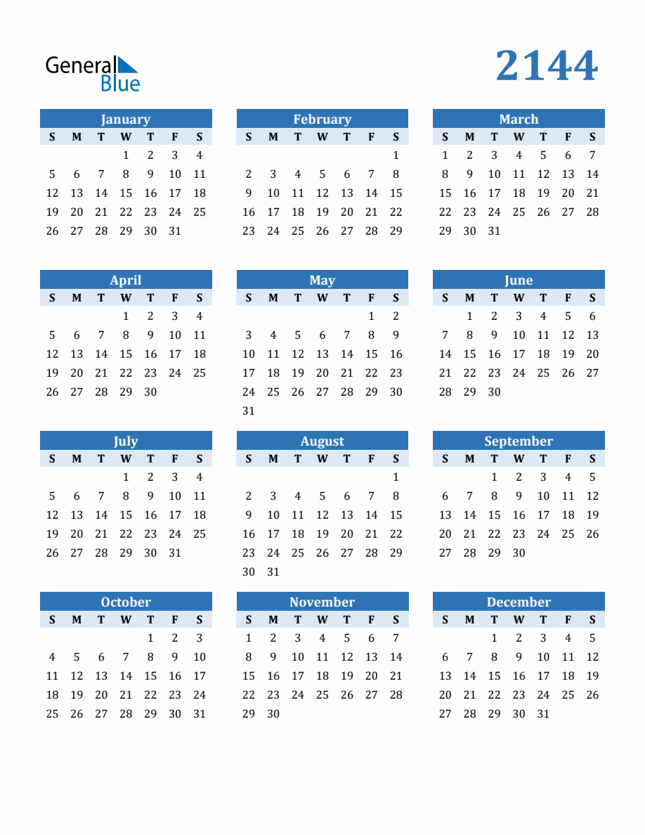 Free 2144 Year Calendar in PDF, Word, and Excel