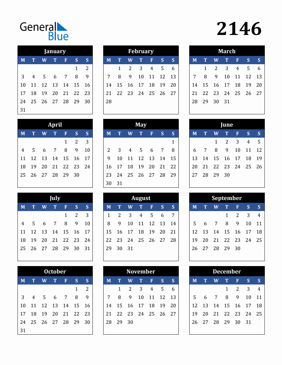 Editable 2146 Calendar with Monday Start