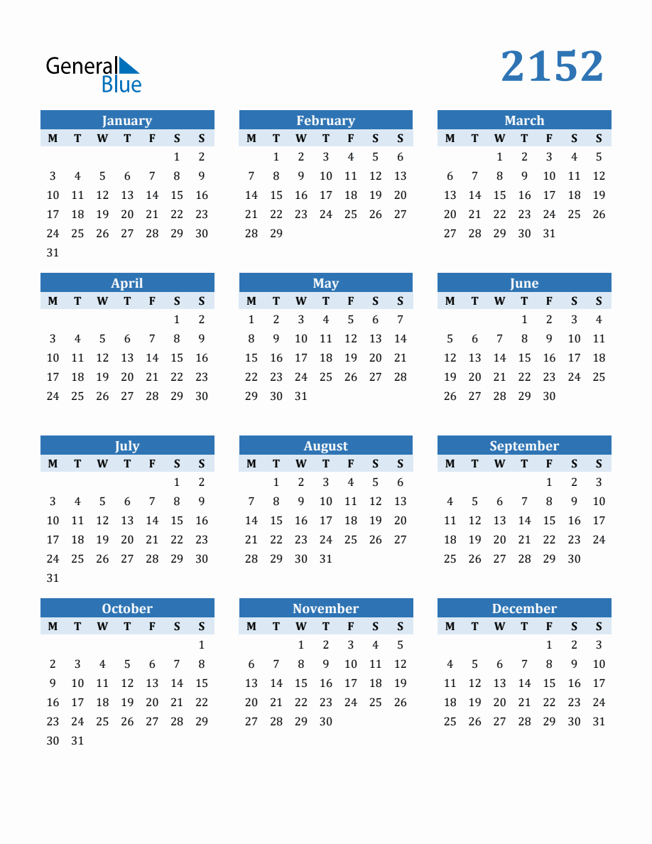 Free 2152 Year Calendar in PDF, Word, and Excel