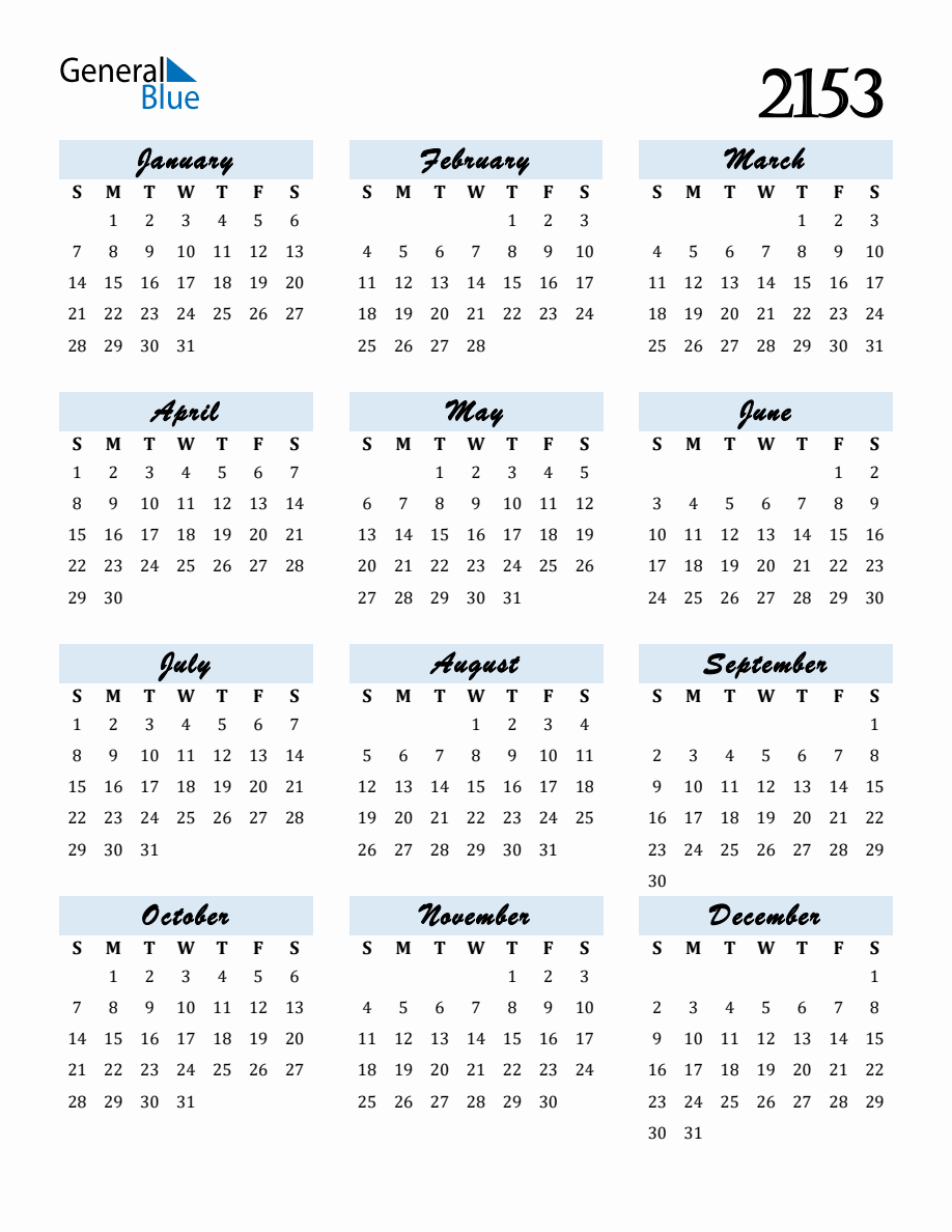 Free Downloadable Calendar for Year 2153