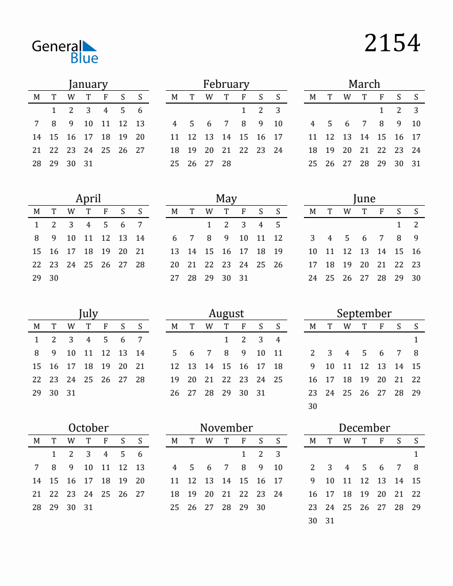 Year 2154 Free Printable 12-Month Calendar