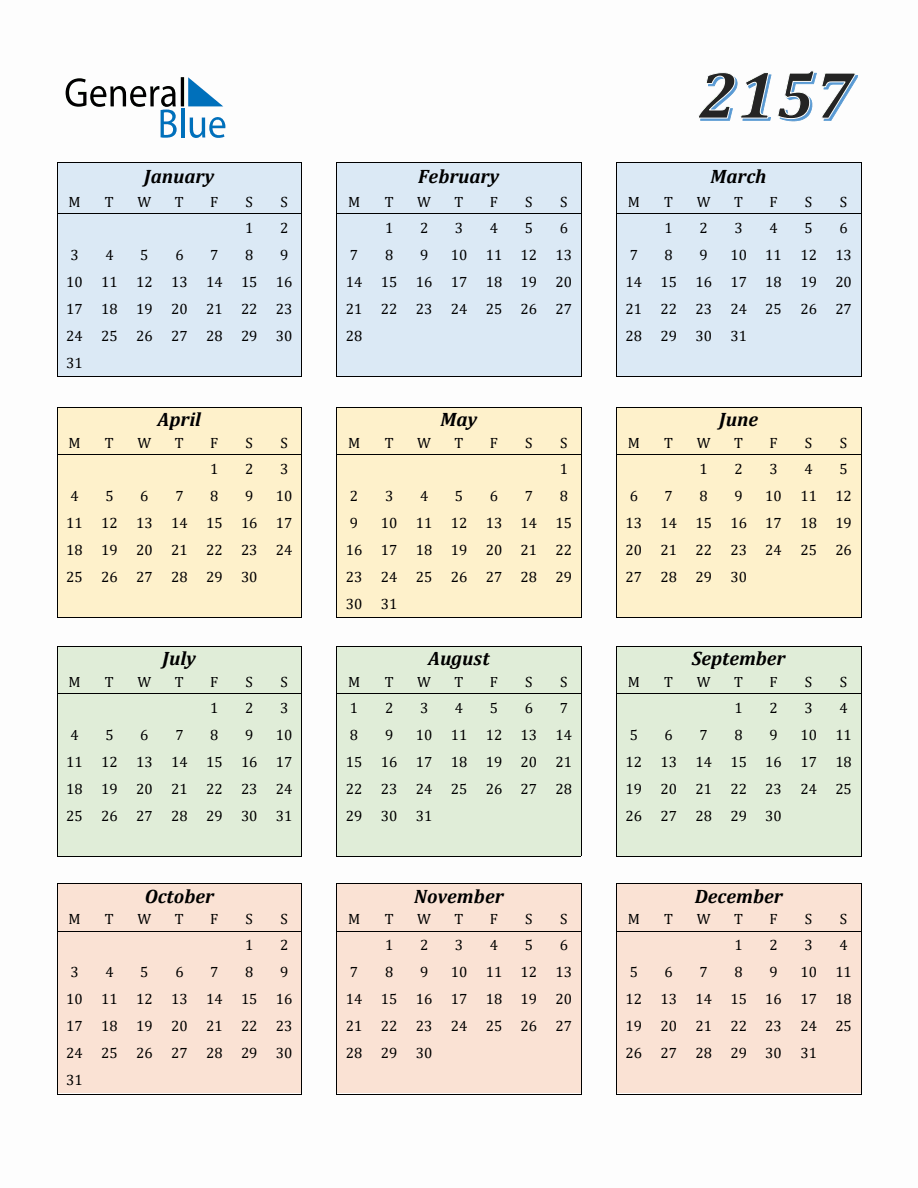 Calendar for Year 2157 with Monday Start
