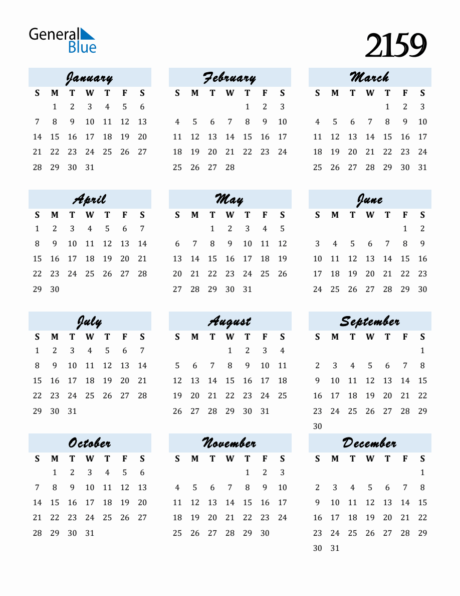 Free Downloadable Calendar for Year 2159