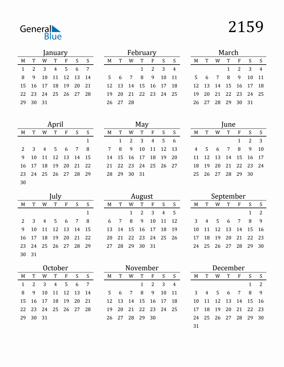 Year 2159 Free Printable 12-Month Calendar with Monday Start