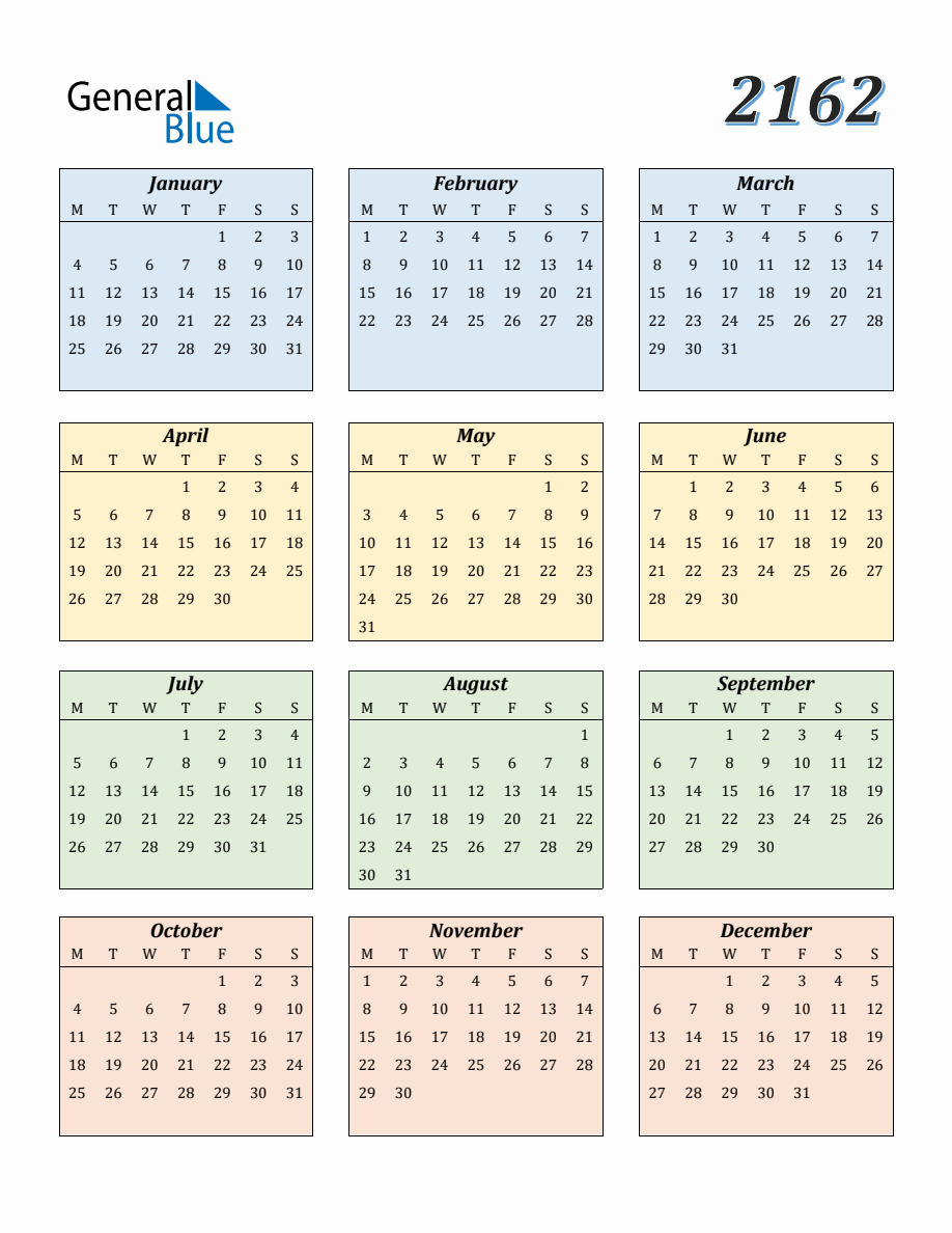 Calendar for Year 2162