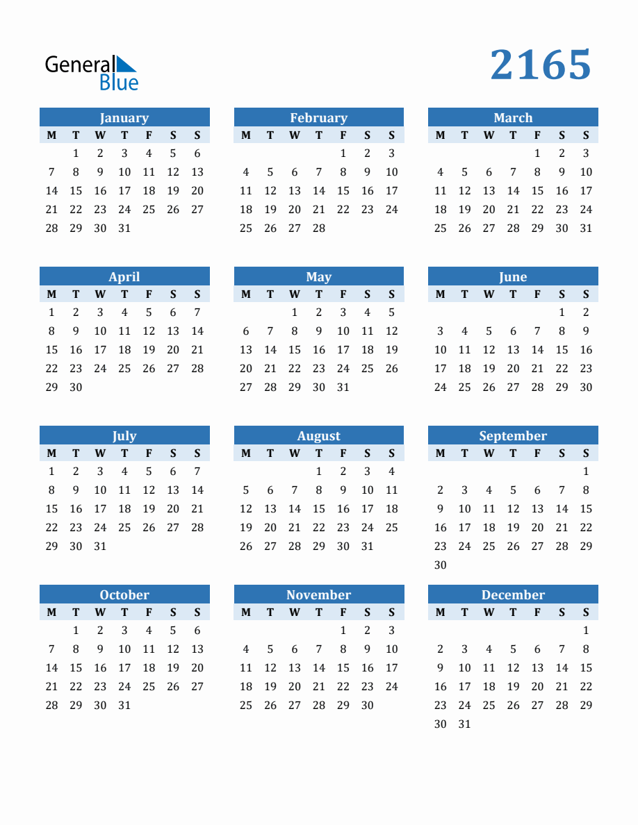 Free 2165 Year Calendar in PDF, Word, and Excel with Monday Start