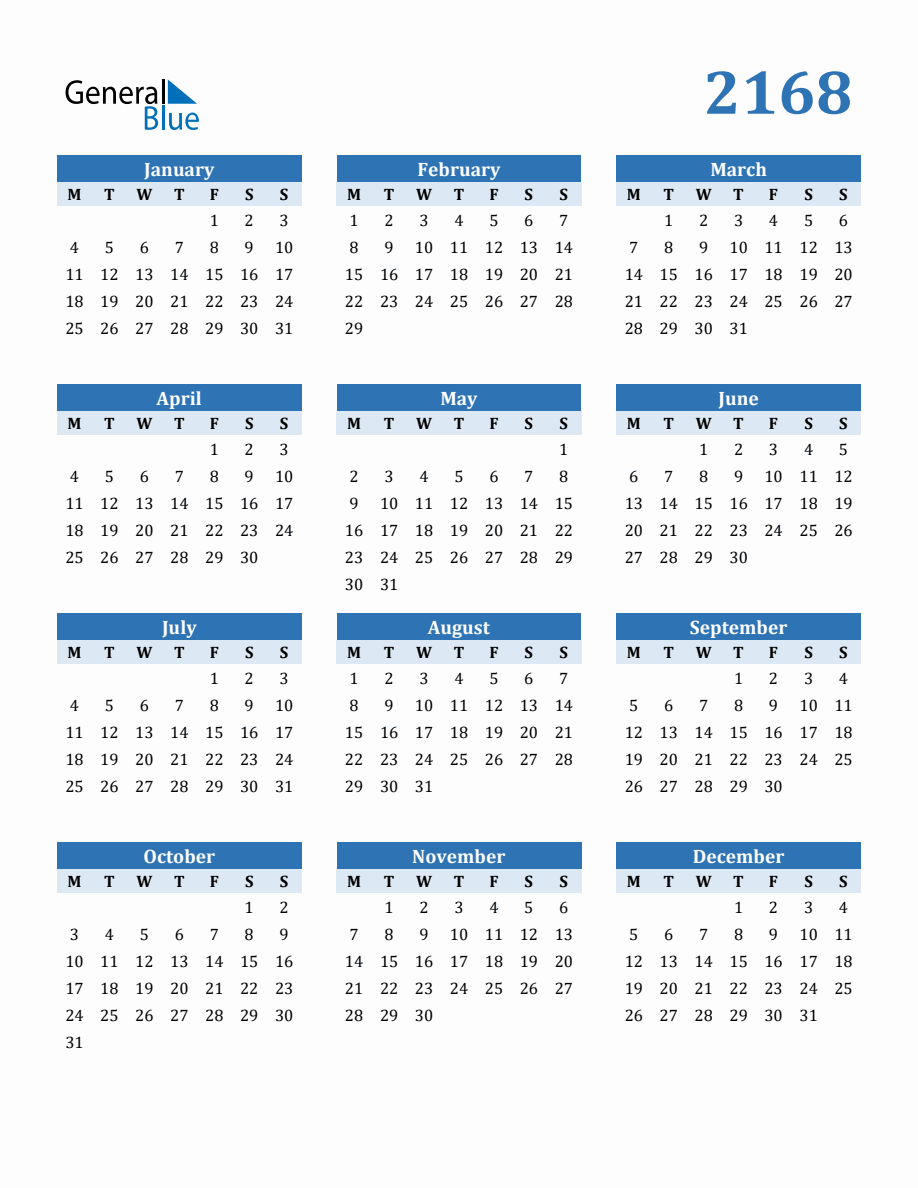 Free 2168 Year Calendar in PDF, Word, and Excel