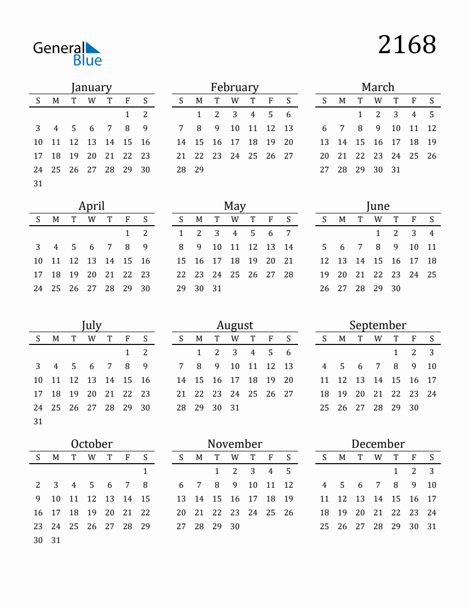 Year 2168 Free Printable 12-Month Calendar
