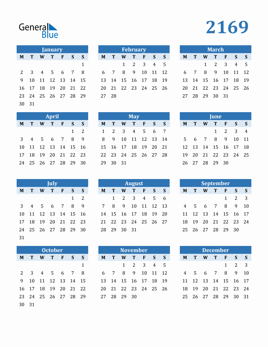 Free 2169 Year Calendar in PDF, Word, and Excel with Monday Start