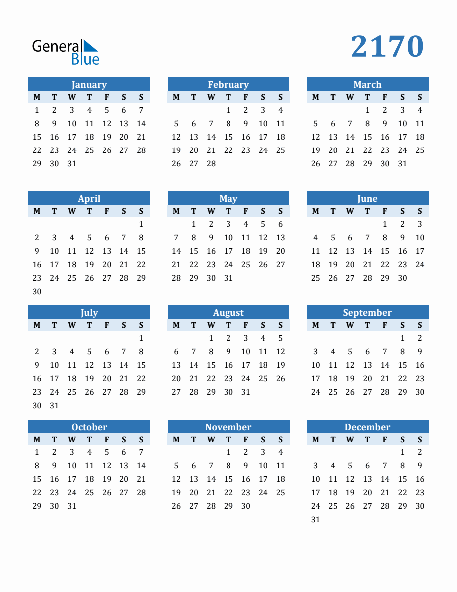 Free 2170 Year Calendar in PDF, Word, and Excel with Monday Start