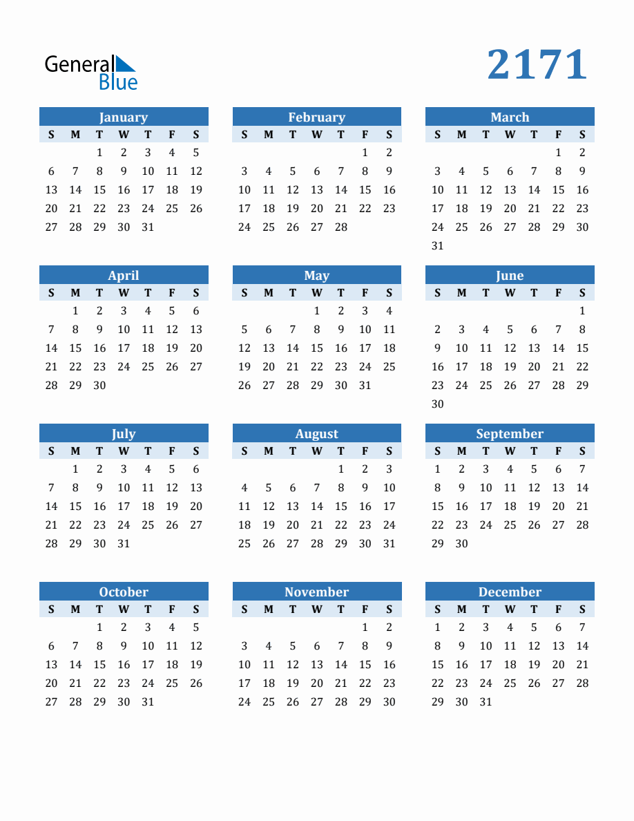 Free 2171 Year Calendar in PDF, Word, and Excel