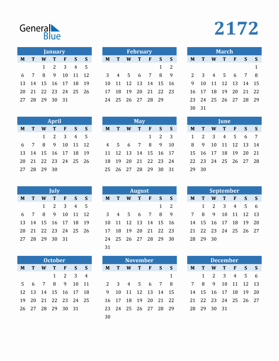 Free 2172 Year Calendar in PDF, Word, and Excel with Monday Start