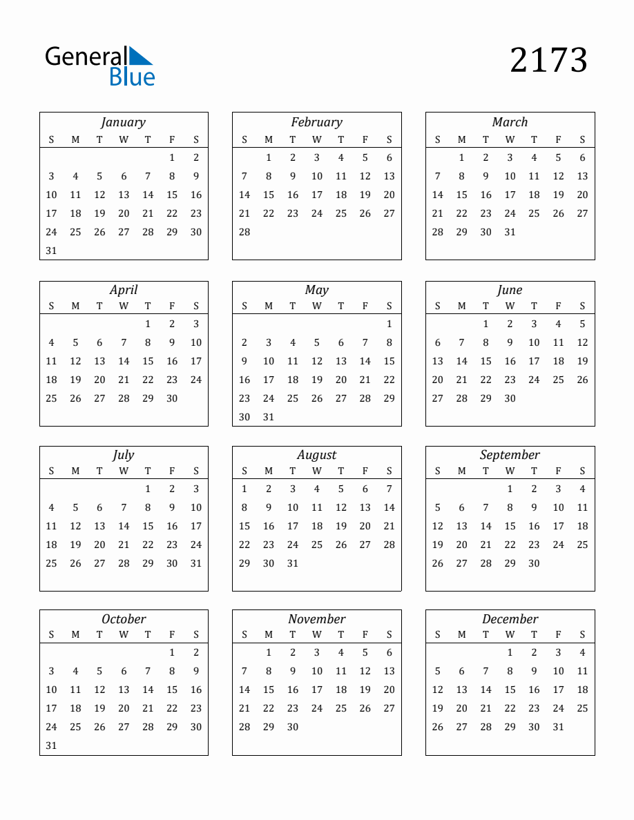 2173 Blank Yearly Calendar Printable