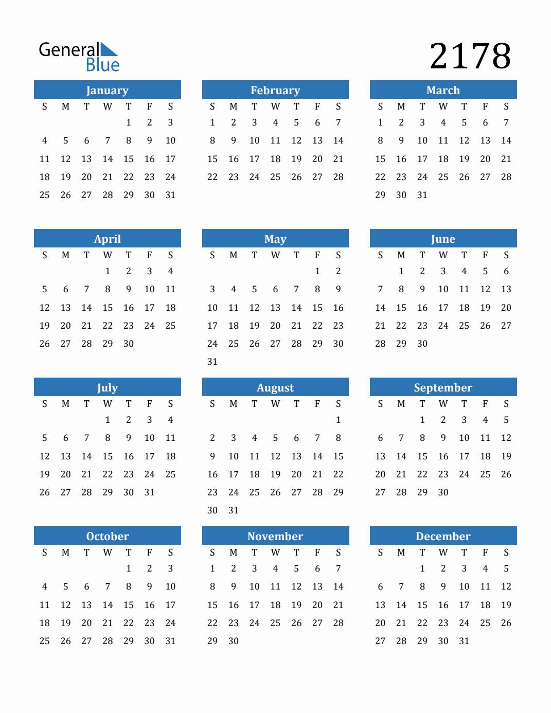 Free 2178 Calendars in PDF, Word, Excel