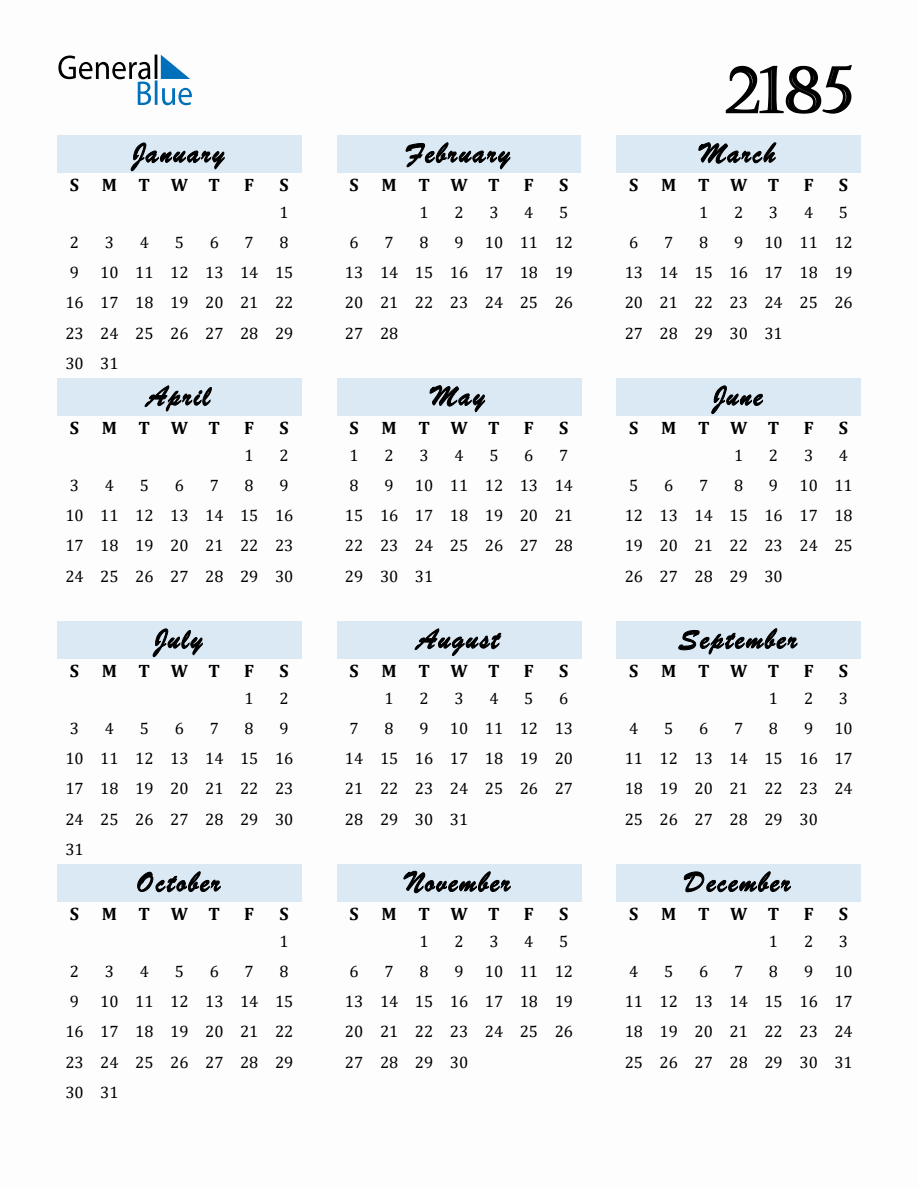 Free Downloadable Calendar for Year 2185