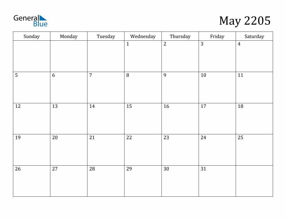 May 2205 Monthly Calendar