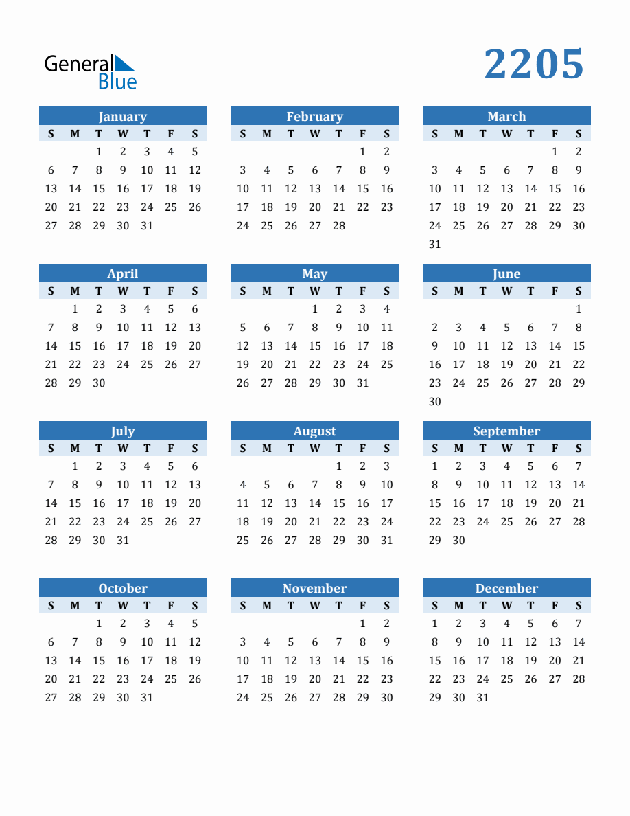 Free 2205 Year Calendar in PDF, Word, and Excel