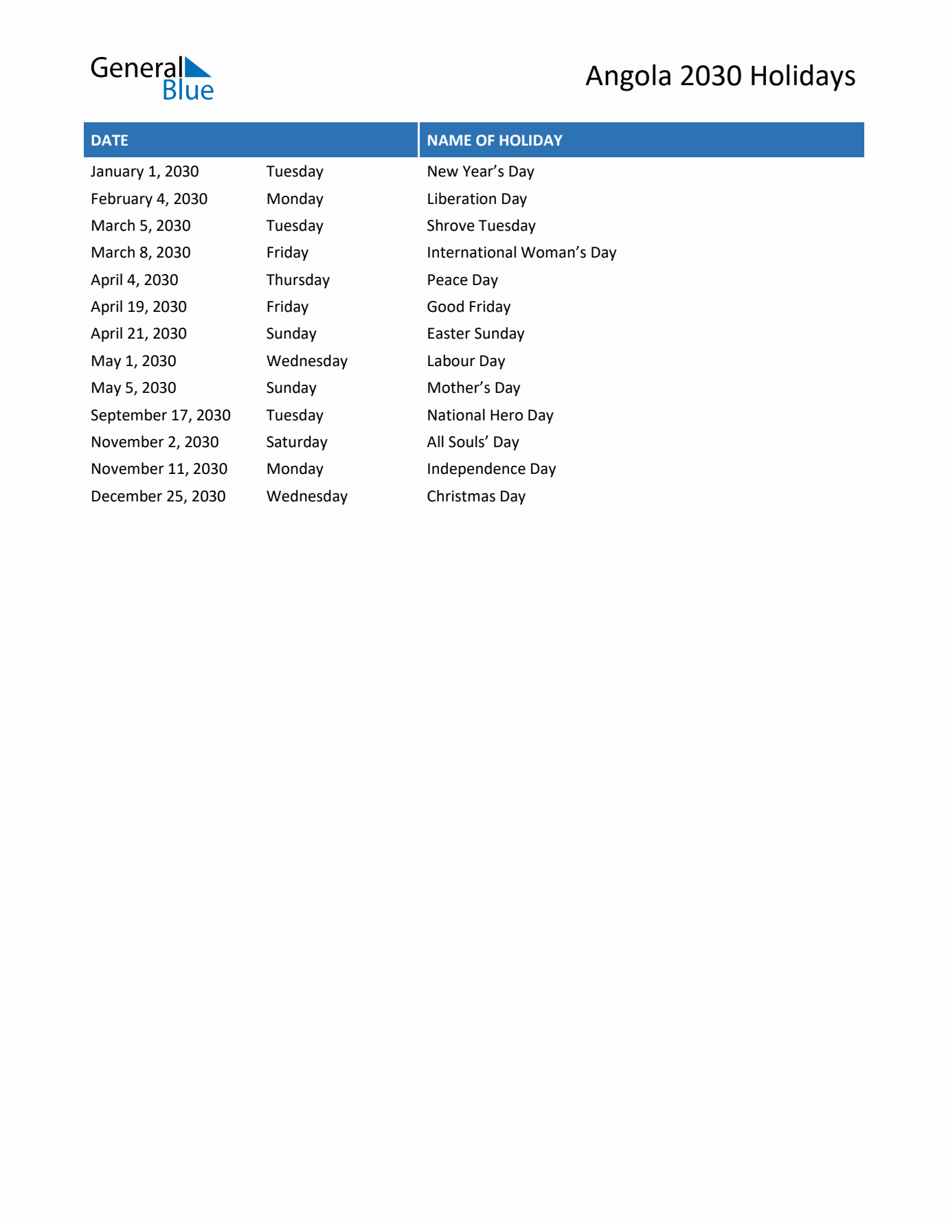 2030 Angola List of Holidays in PDF, Word, and Excel