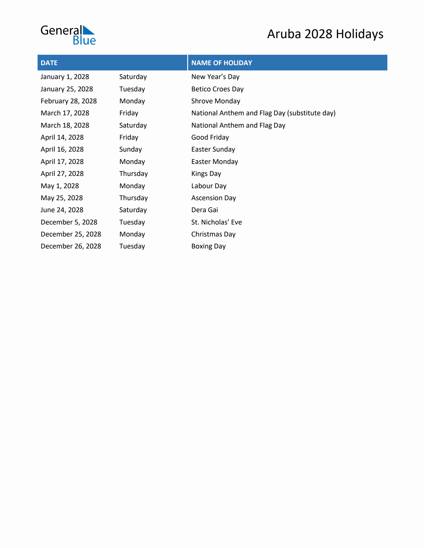 2028 Aruba List of Holidays in PDF, Word, and Excel