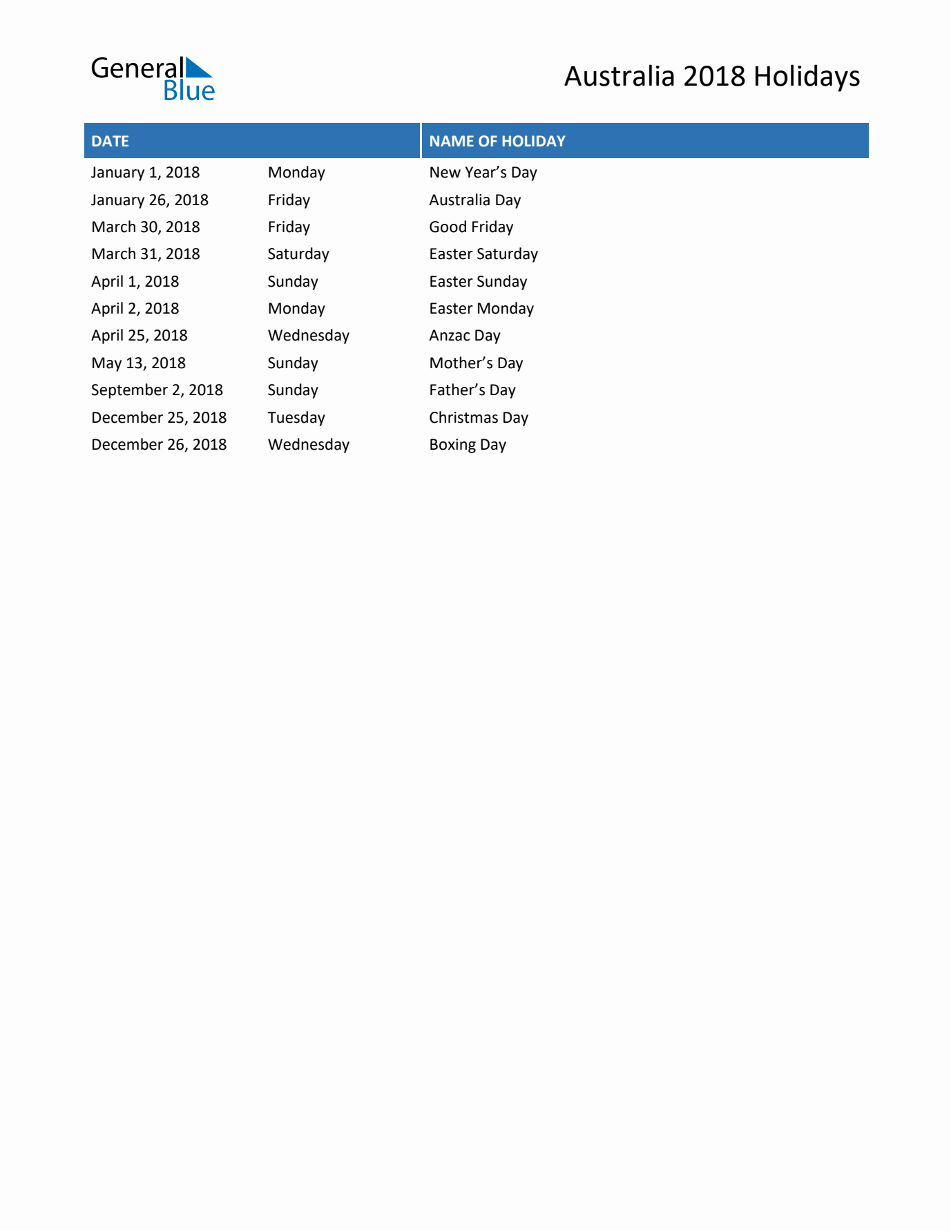 2018 Australia List of Holidays in PDF, Word, and Excel