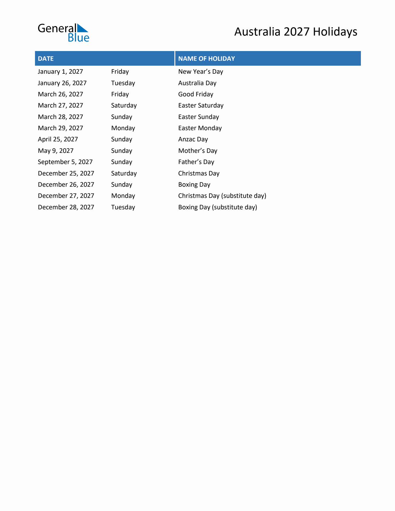 2027 Australia List of Holidays in PDF, Word, and Excel