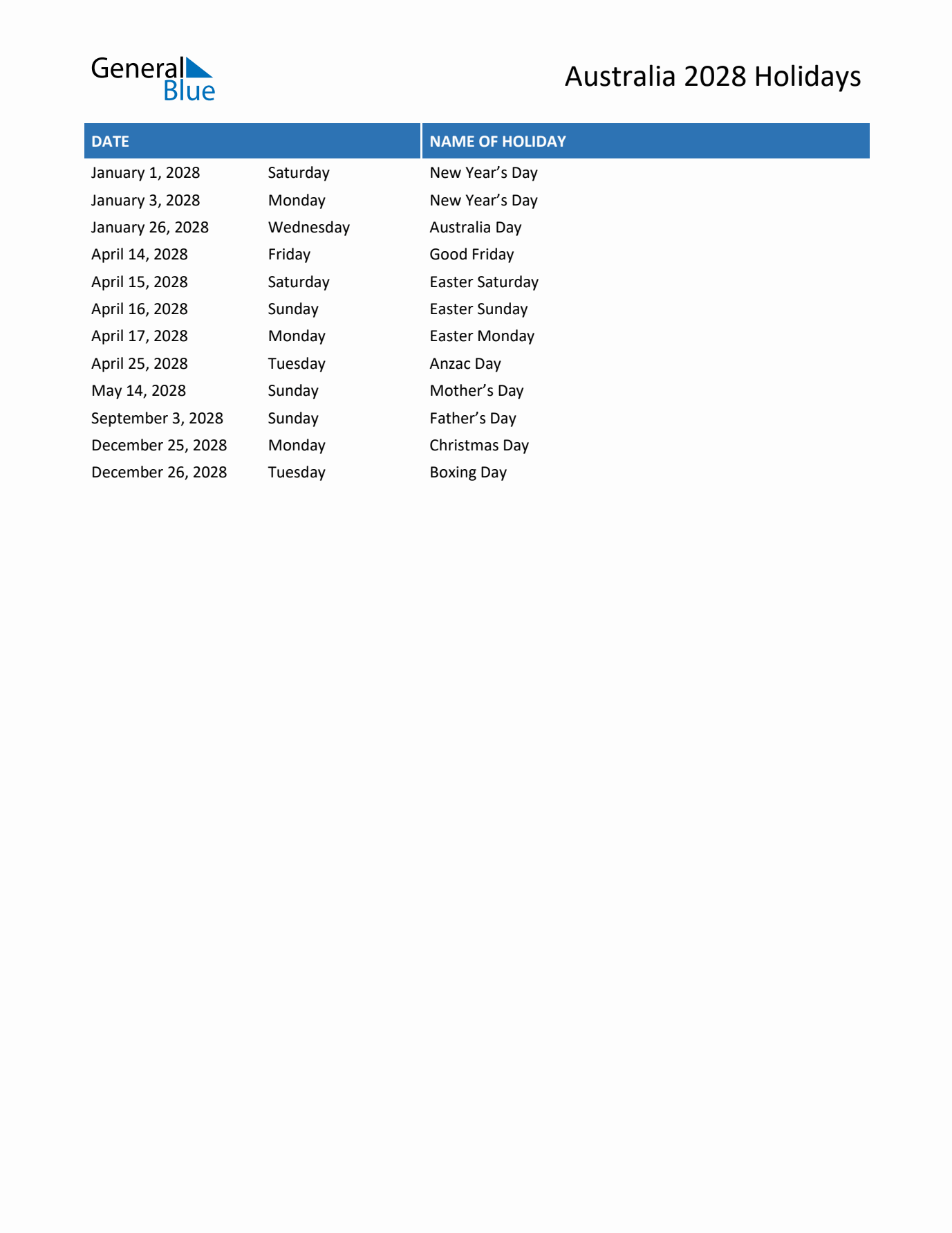 2028 Australia List of Holidays in PDF, Word, and Excel
