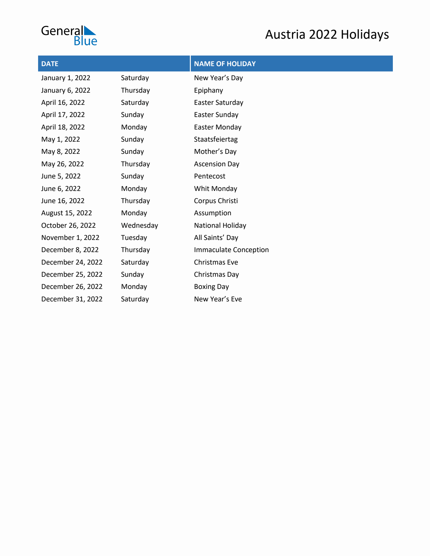 2022 Austria List of Holidays in PDF, Word, and Excel