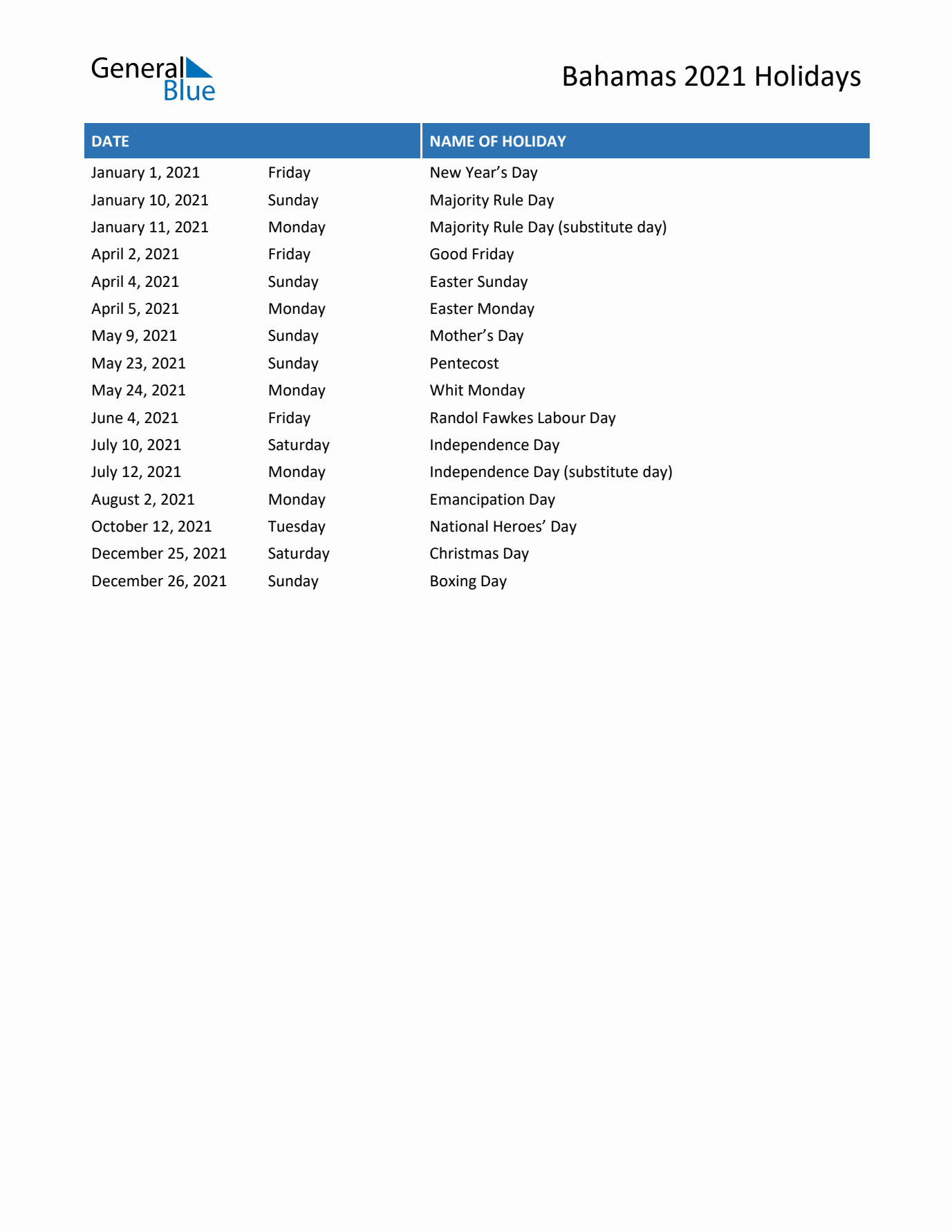 2021 Bahamas List of Holidays in PDF, Word, and Excel