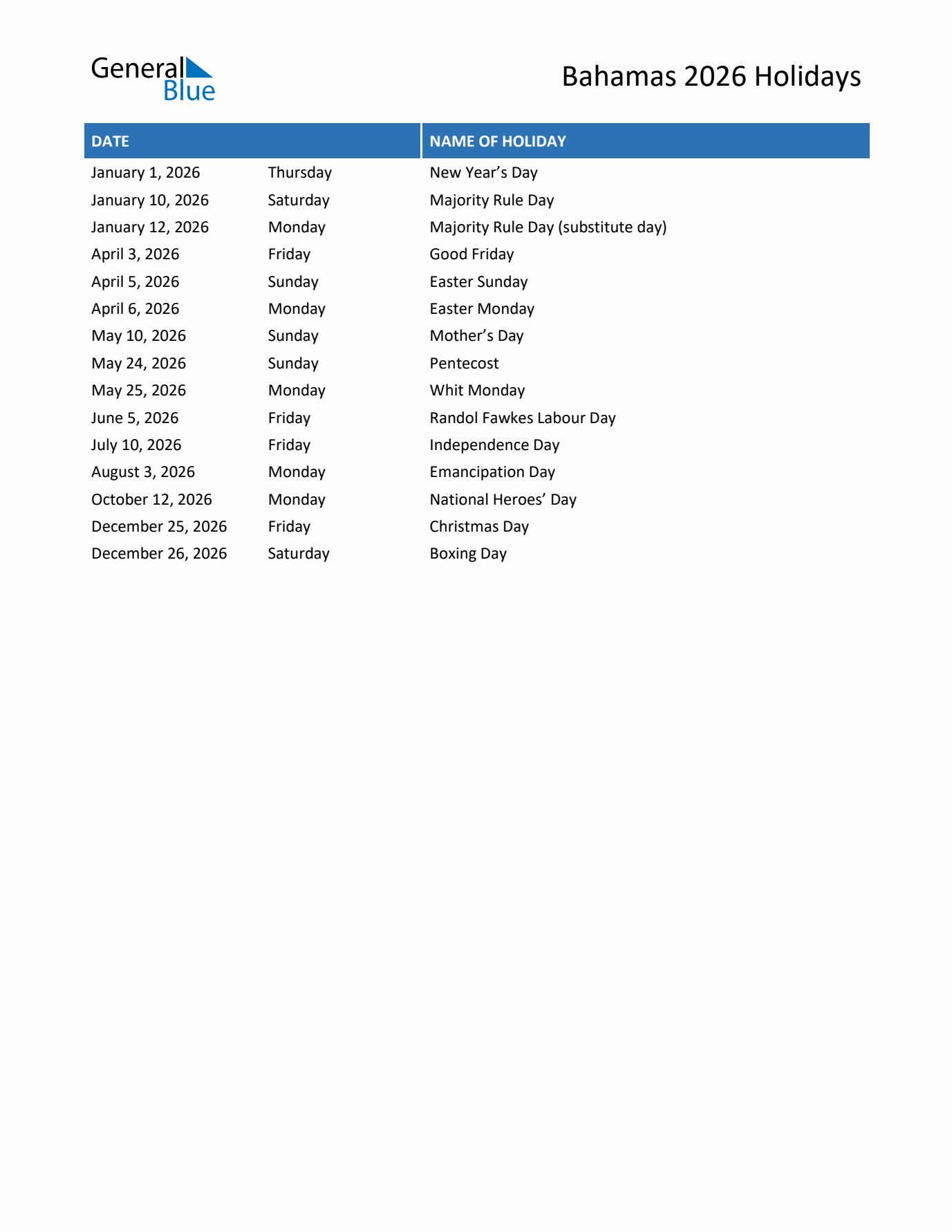 2026 Bahamas List of Holidays in PDF, Word, and Excel