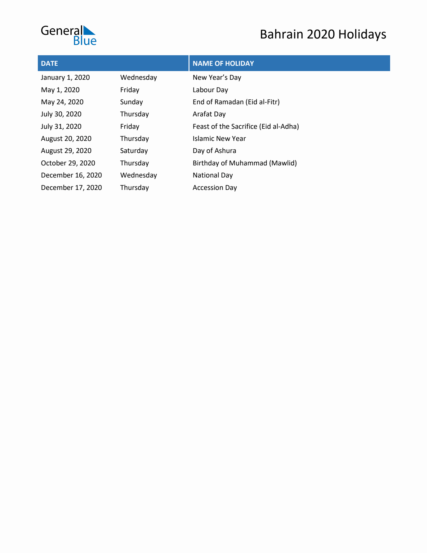 2020 Bahrain List of Holidays in PDF, Word, and Excel