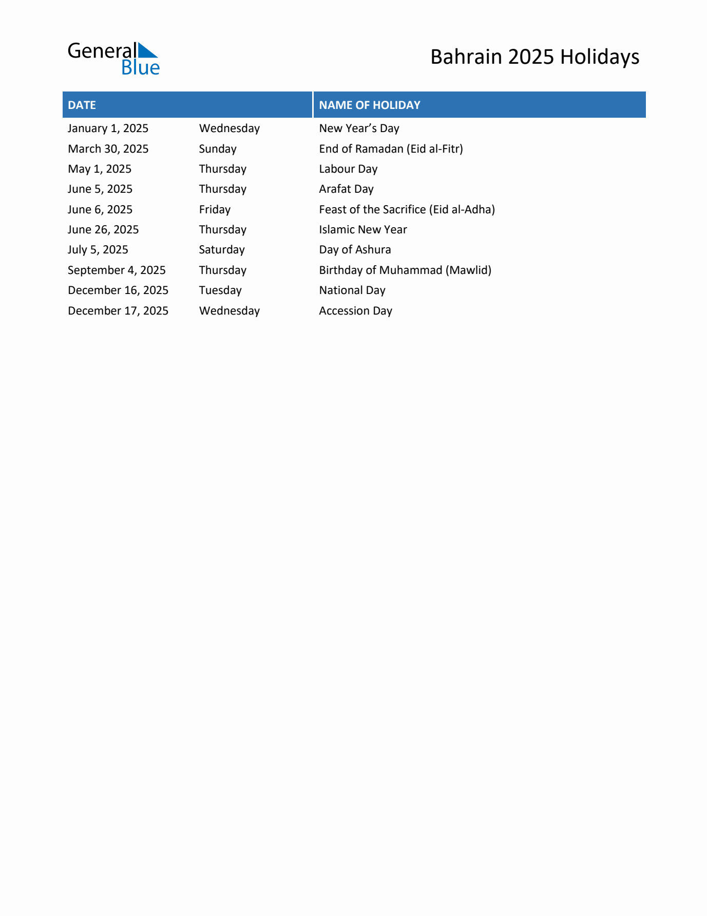 2025 Bahrain List of Holidays in PDF, Word, and Excel