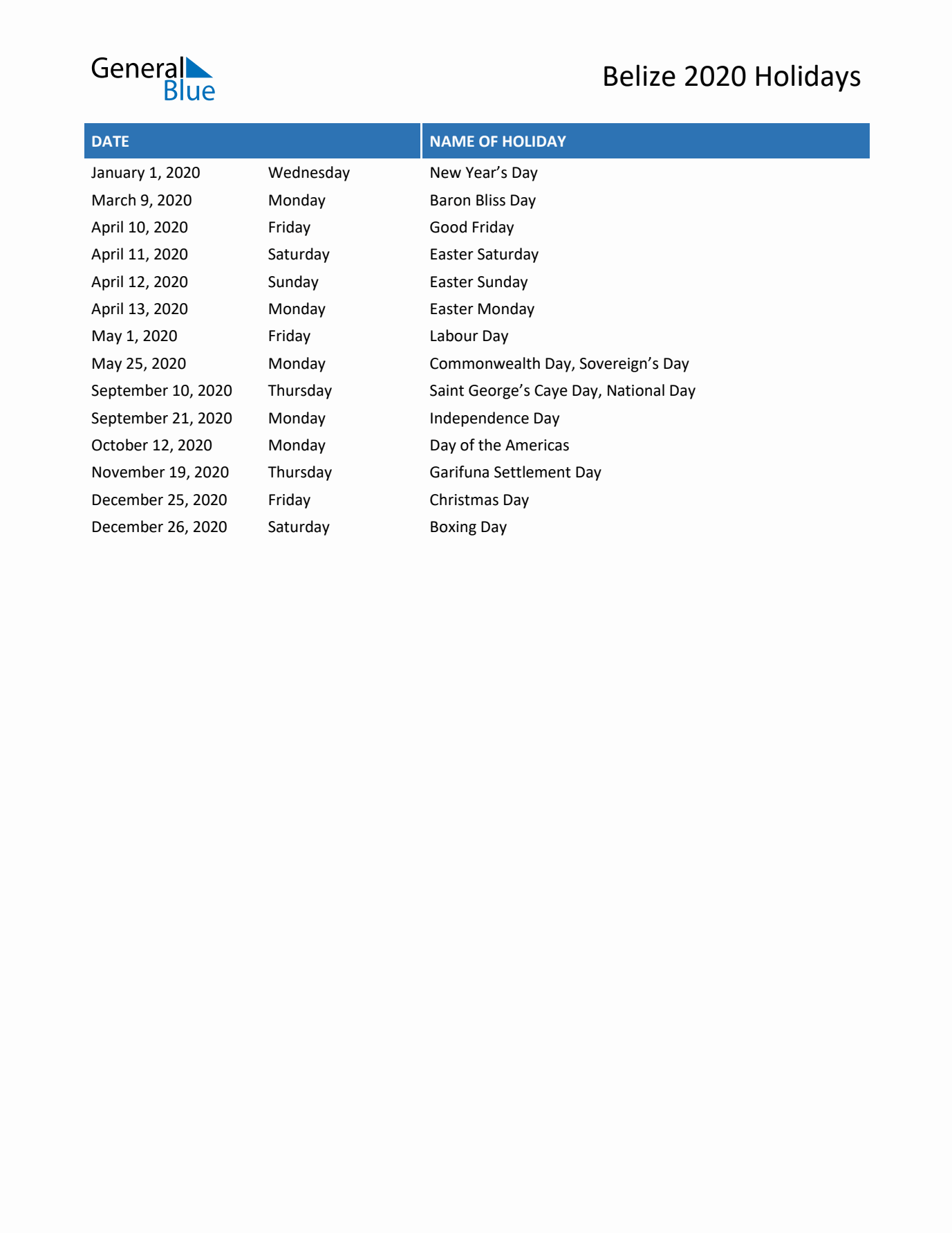 2020 Belize List of Holidays in PDF, Word, and Excel