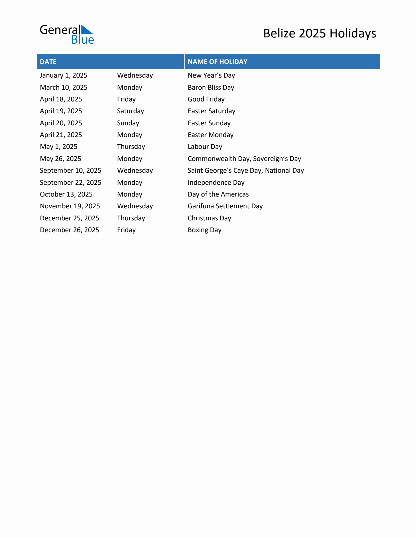 2025 Belize List of Holidays in PDF, Word, and Excel